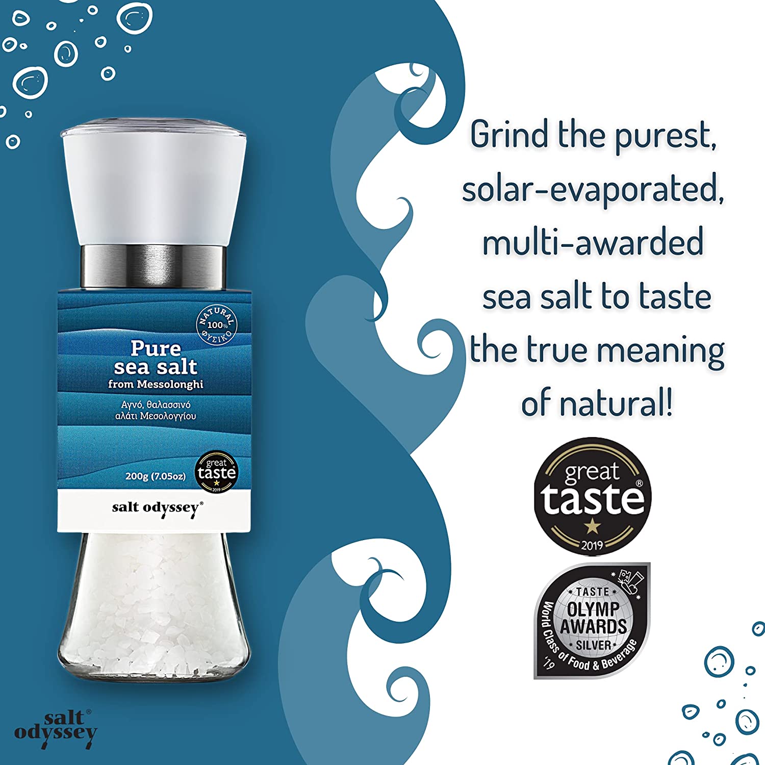 Pure Sea Salt in Ceramic Mill, 200gr - Salt Odyssey – Grecian Purveyor
